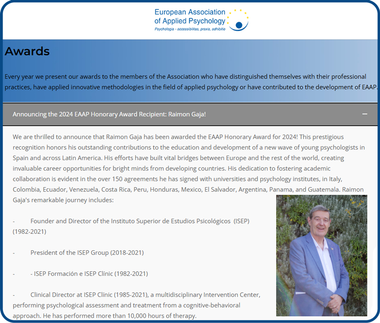 Raimon Gaja, Premio Honorífico 2024 de la EAAP, “por su invaluable contribución a la Psicología ...
